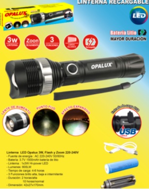 LINTERNA LED 3W INTERMITENTE ZOOM METALICO OPALUX | TECNOLOGIAS SIGTEL SAC