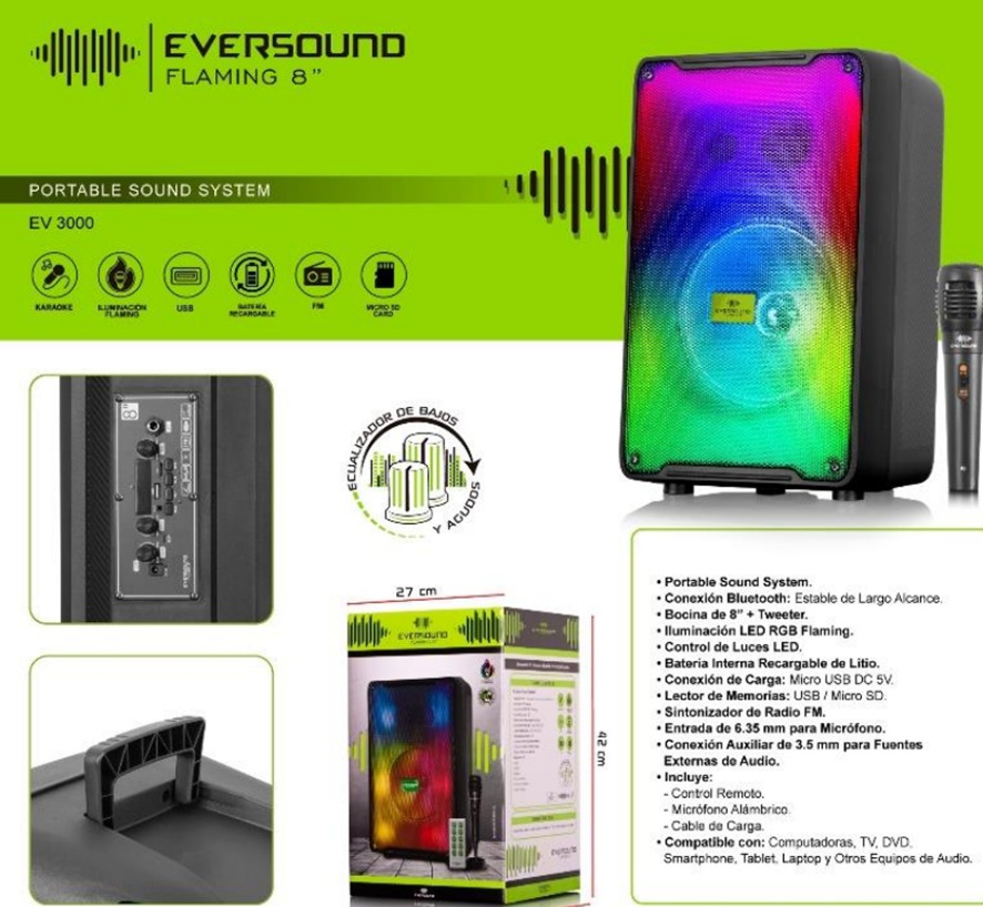 PARLANTE PORTATIL FLAMING 8" EV3000 TW RGB BT MIC FM mSD/USB LI-BAT 3 ...