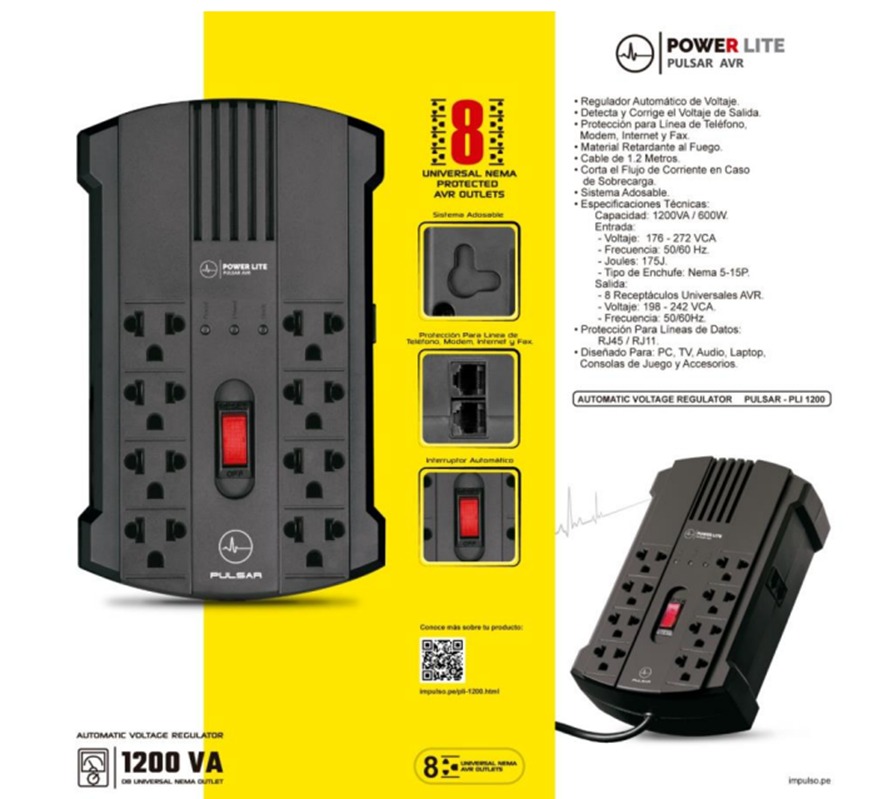 ESTABILIZADOR PULSAR AVR PLI1200 1200W 8SALIDAS 4AVR+4PROTECT POWER ...